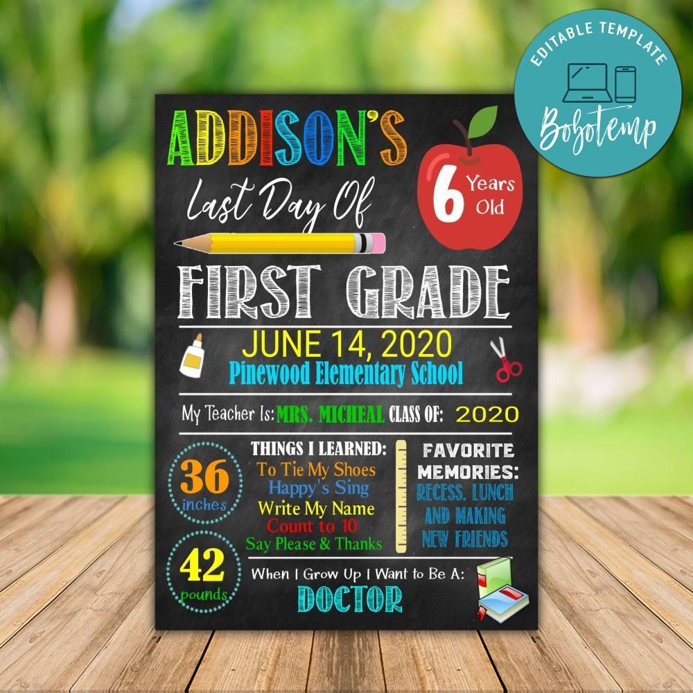 Editable Last Day of First Grade Chalkboard Poster DIY | Bobotemp