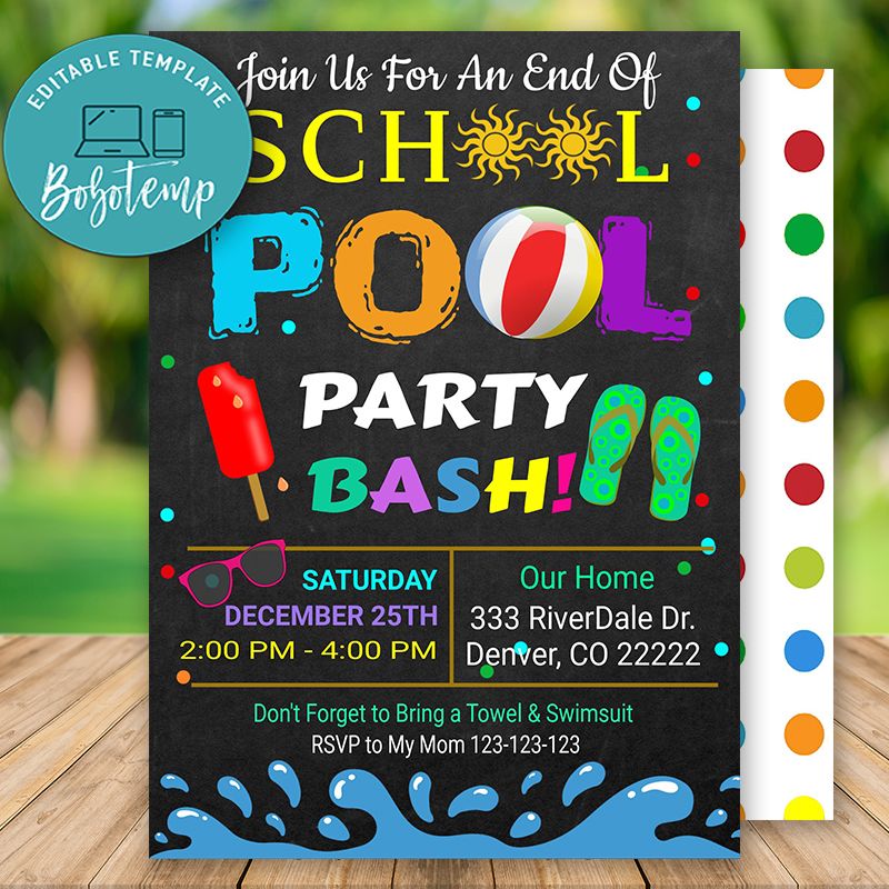 Editable End of School Summer Pool Party Invitation DIY | Bobotemp