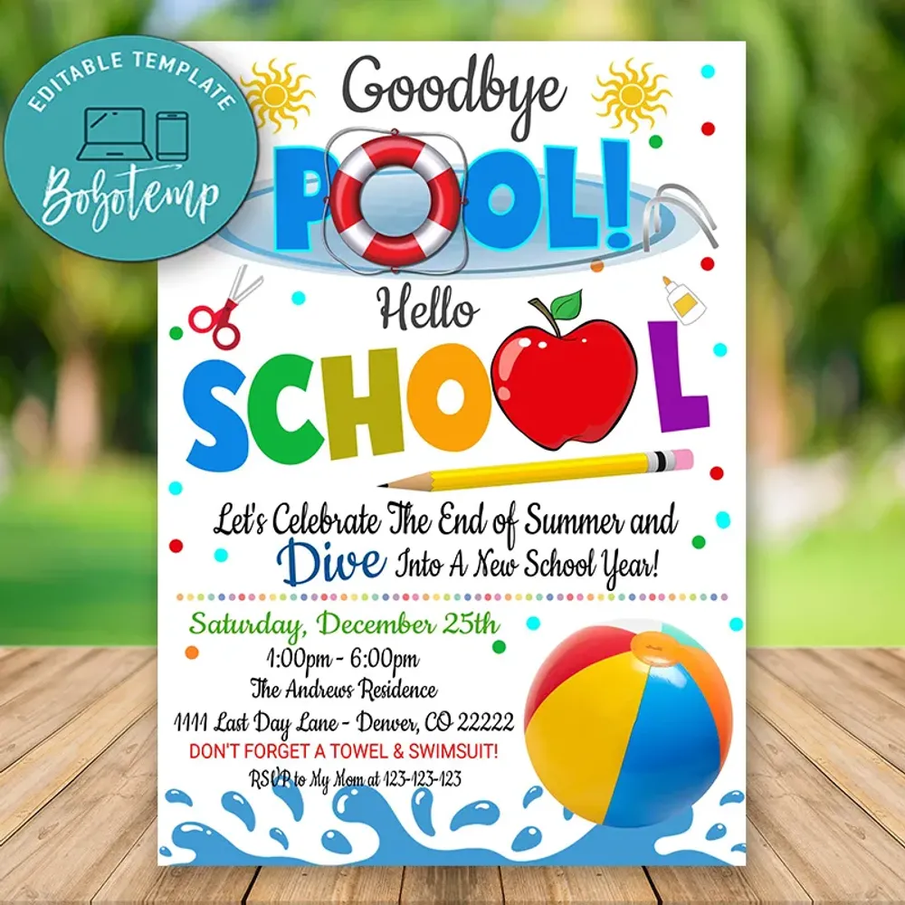 Editable Goodbye Pool Hello School Party Invitation DIY | Bobotemp
