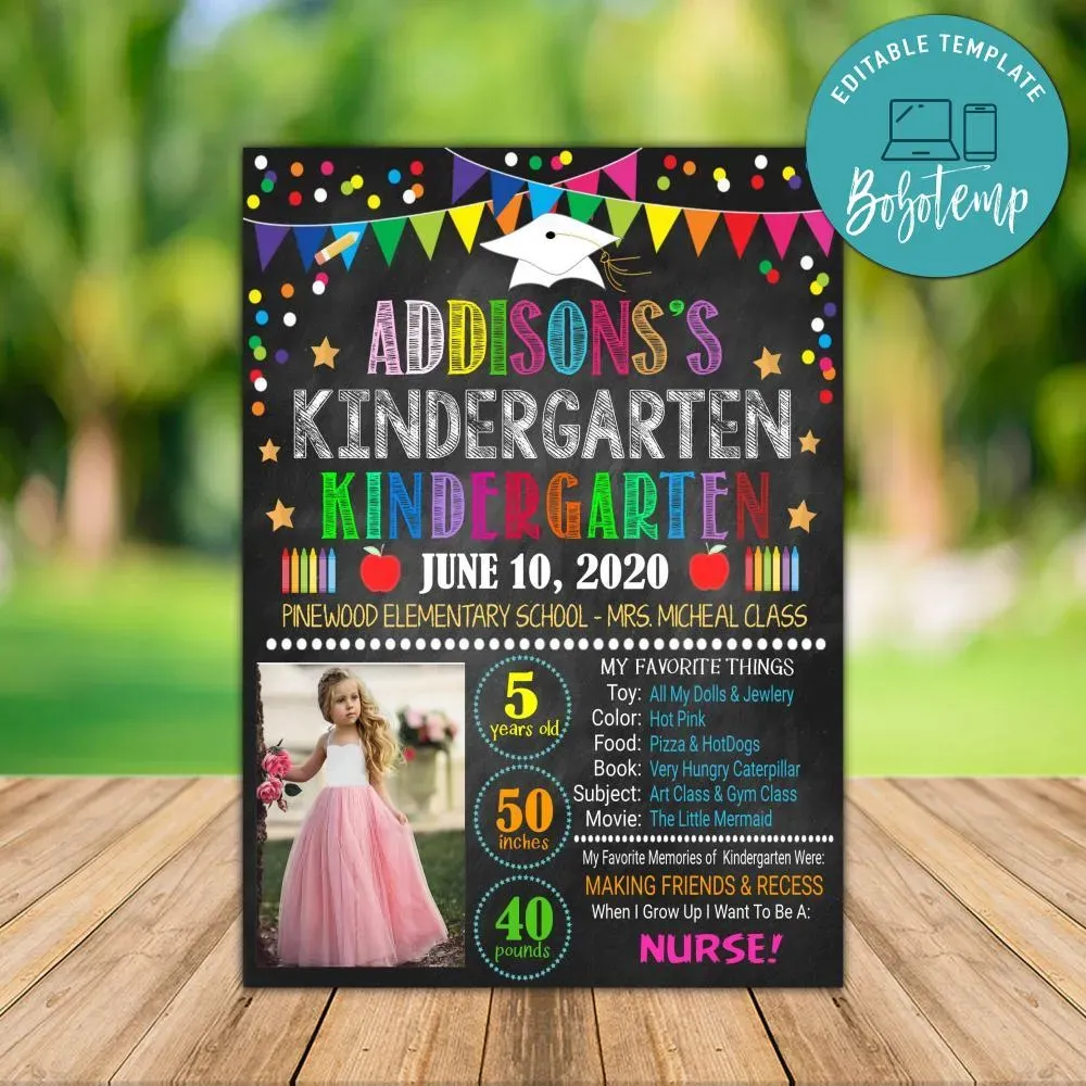 Editable Last Day of Kindergarten With Photo Chalkboard Poster In ...
