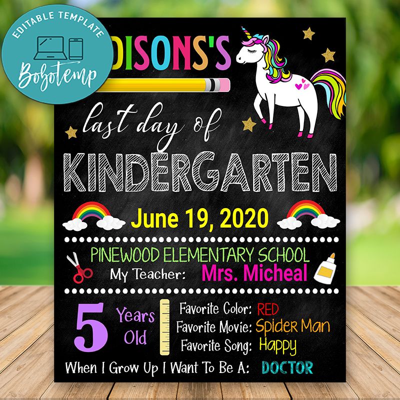 Editable Unicorn Last Day of Kindergarten Photo Prop Instant Down ...