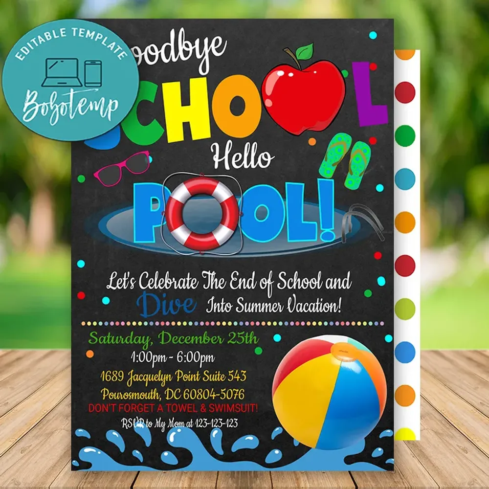 Editable Splish Splash Goodbye School Hello Pool Party Instant Do ...