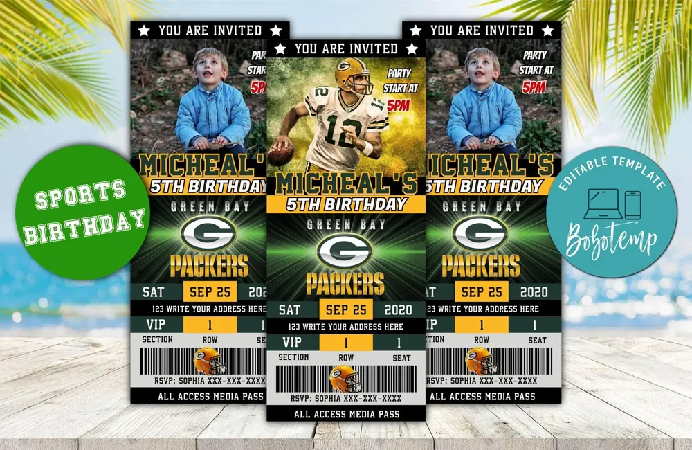 Editable Green Bay Packers Birthday Ticket Invitations DIY | Bobotemp