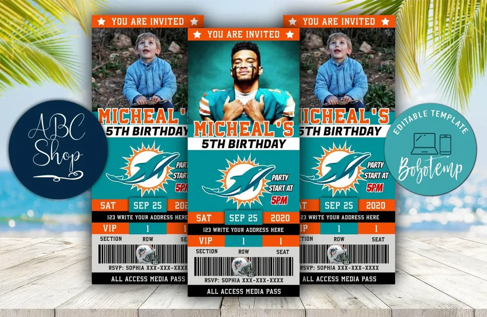 Printable Miami Dolphins Birthday Ticket Invitations DIY | Bobotemp