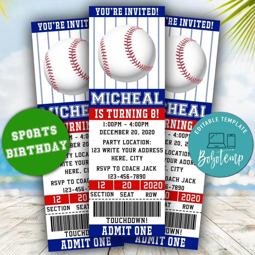 Baseball Ticket Birthday Editable Templates Instant Download | Sunmily