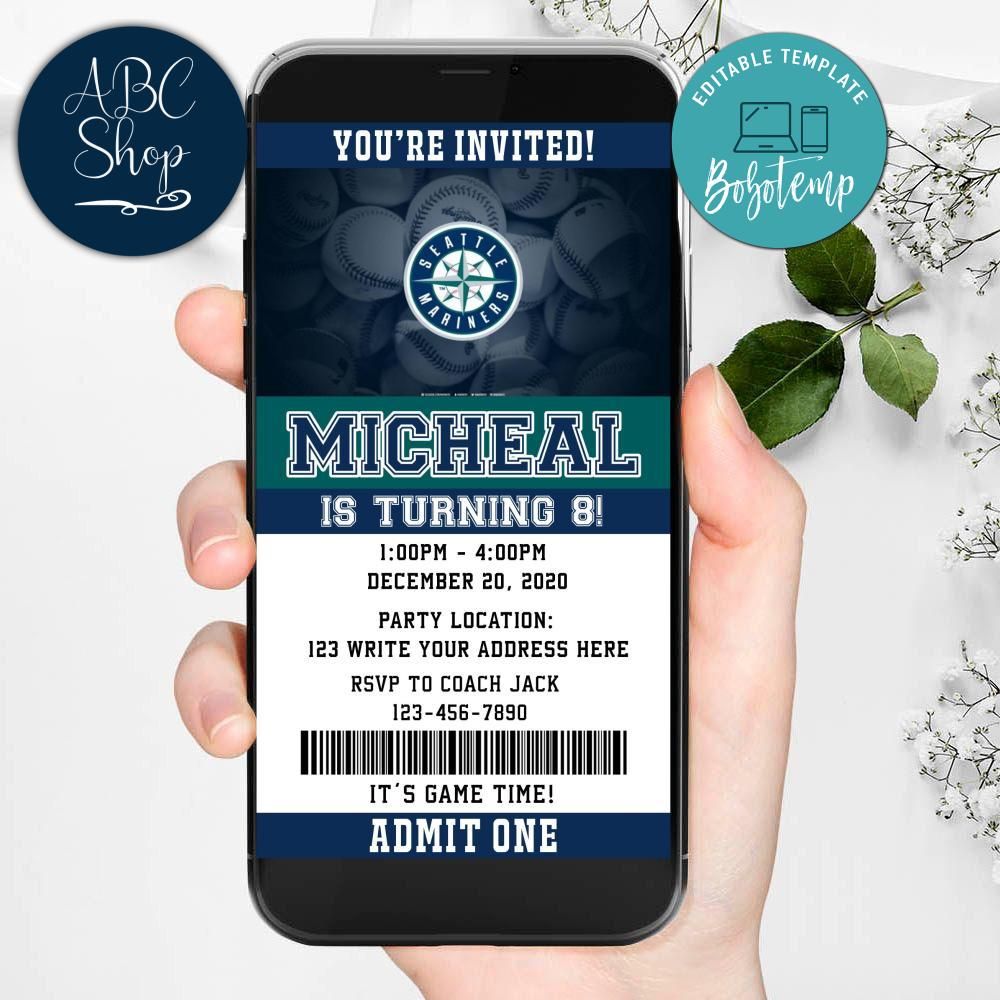 Electronic Seattle Mariners Birthday Invitation Instant Download | Bobotemp