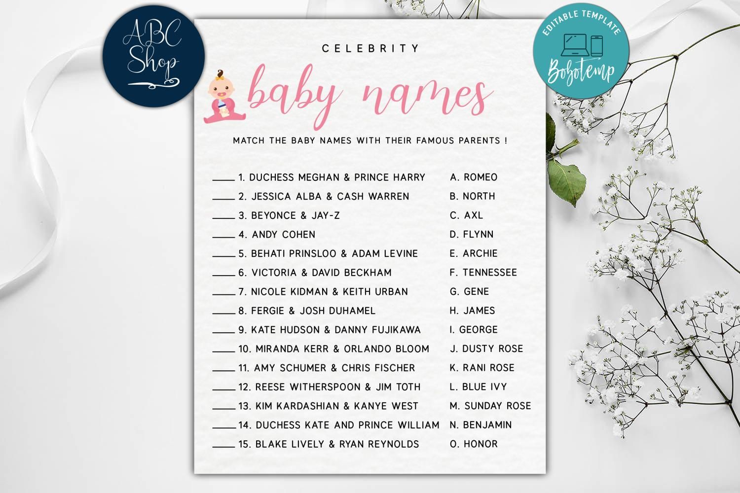 Editable Celebrity Baby Names Baby Girl Baby Shower Game DIY | Bobotemp