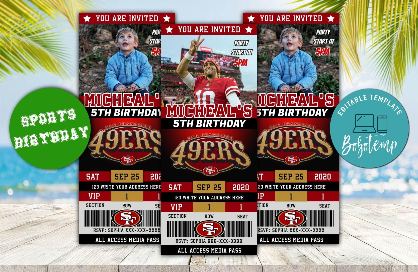 San Francisco 49ers Ticket Birthday Editable Template DIY Bobotemp