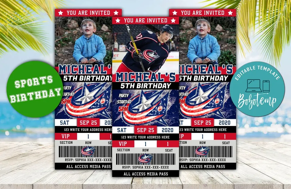 Editable Columbus Blue Jackets Birthday Ticket Invitations DIY | Bobotemp
