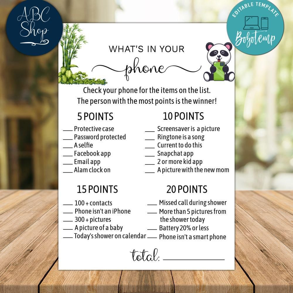 Panda Whats in your phone Baby Shower Game Instant Download | Bobotemp