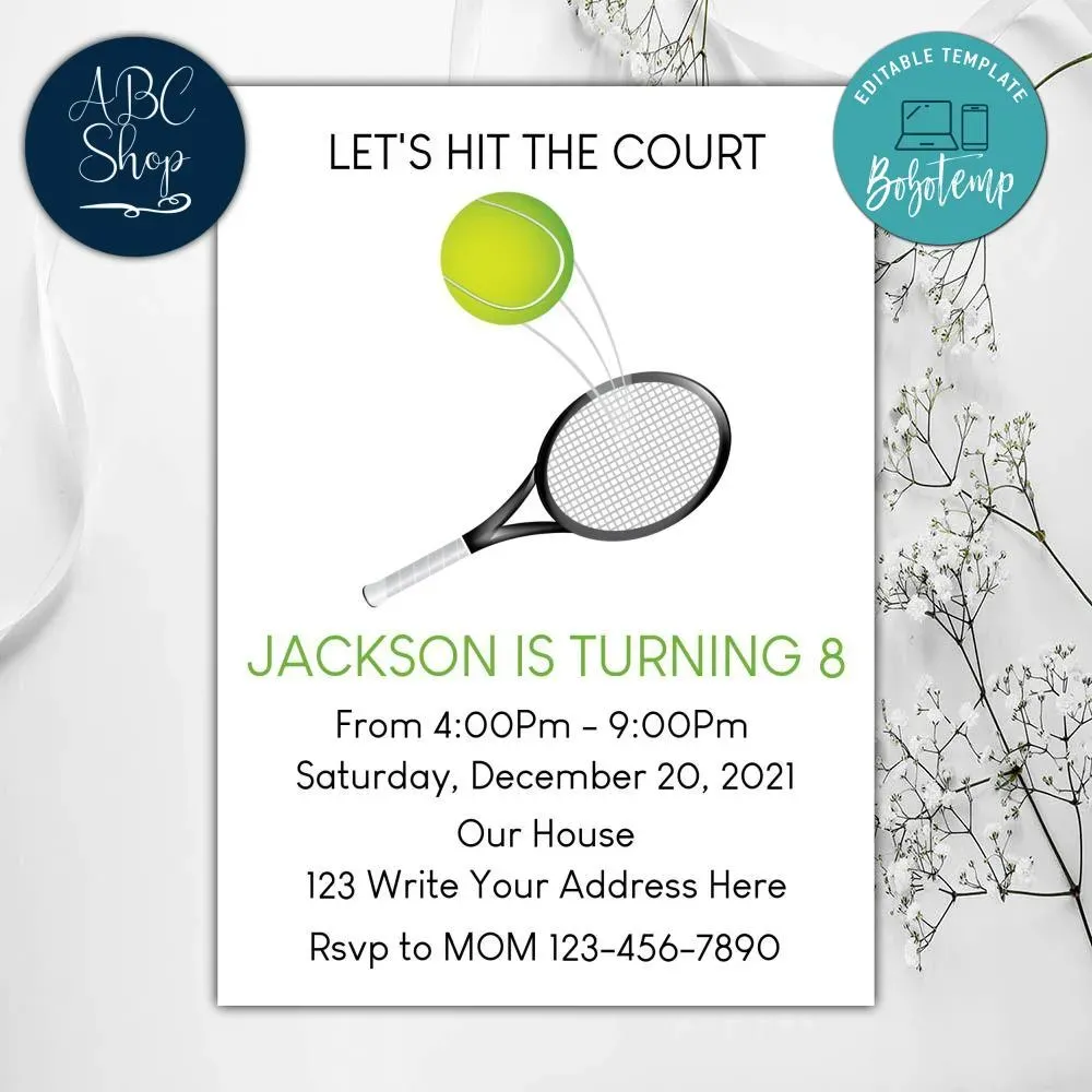 Tennis Birthday Invitation Template to Print at Home DIY | Bobotemp