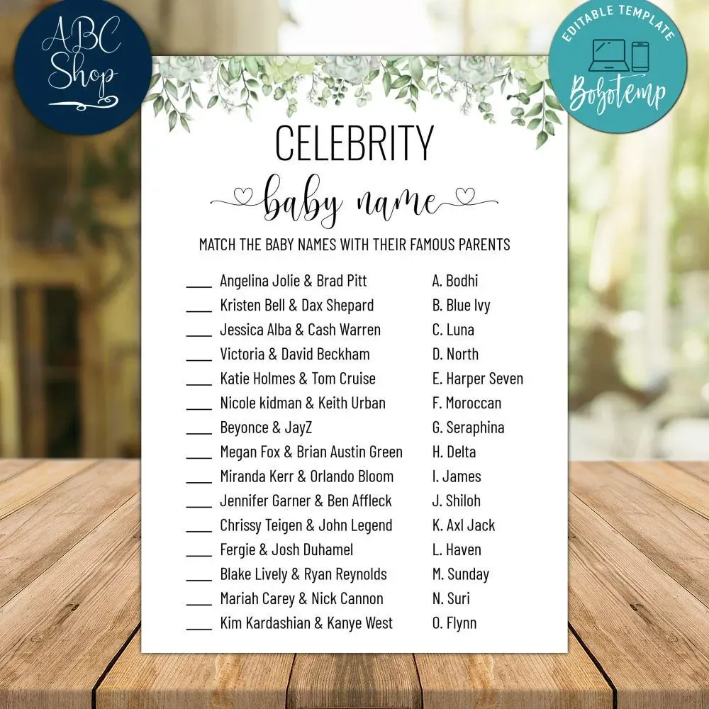 Greenery Celebrity Baby Name Baby Shower Game Instant Download | Bobotemp