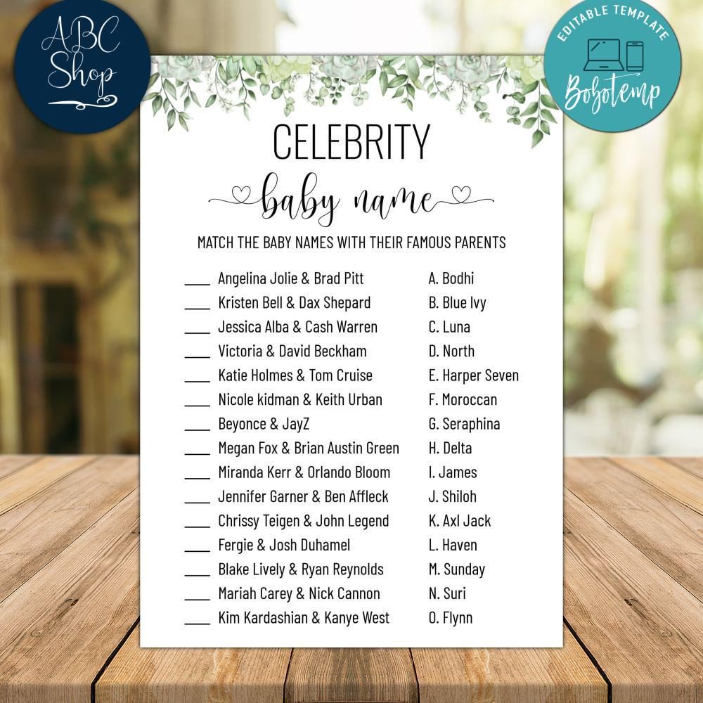 Greenery Celebrity Baby Name Baby Shower Game Instant Download | Bobotemp