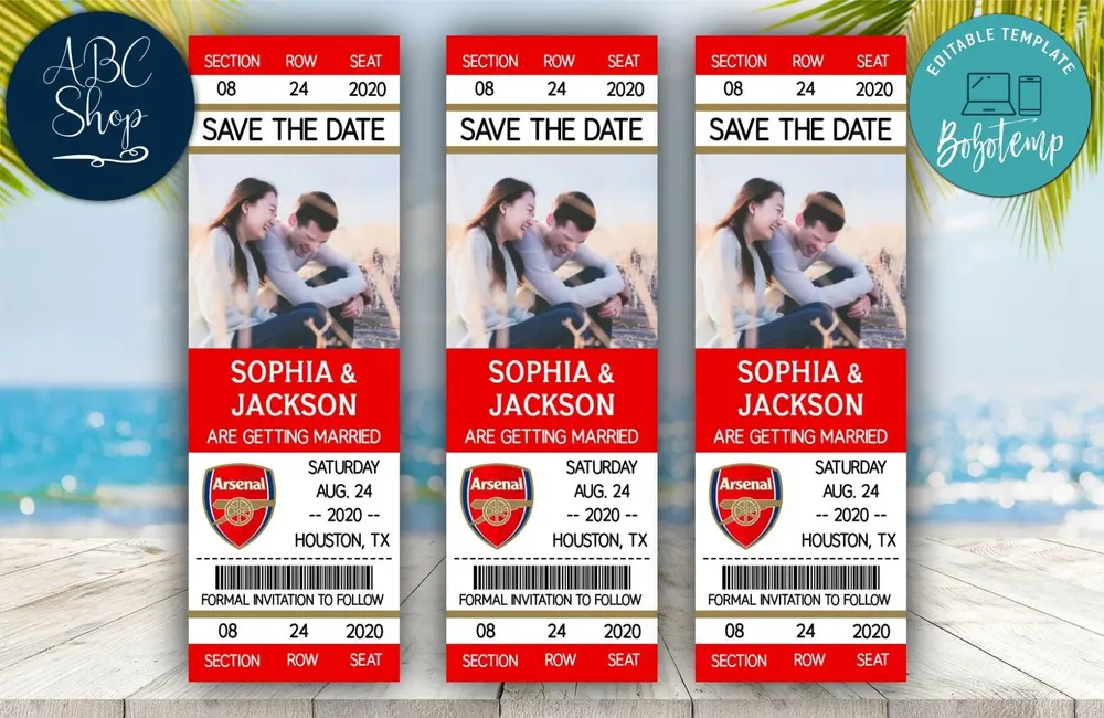 Printable Arsenal FC Save The Date Wedding Ticket Invitations DIY ...