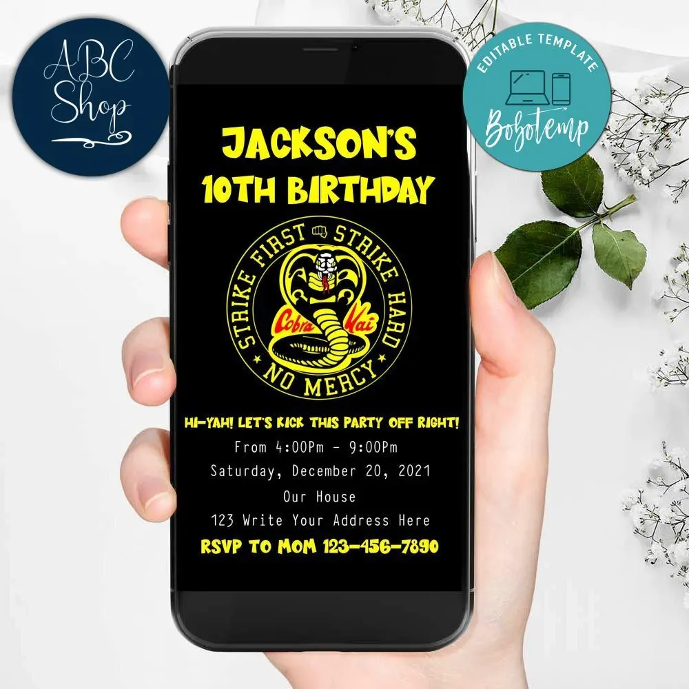 Electronic Cobra Kai Electronic Invite Birthday Invitations DIY | Bobotemp