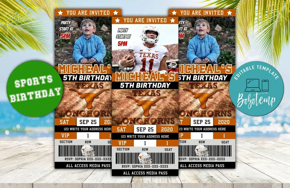 Editable Texas Longhorns Birthday Ticket Invitations DIY | Bobotemp