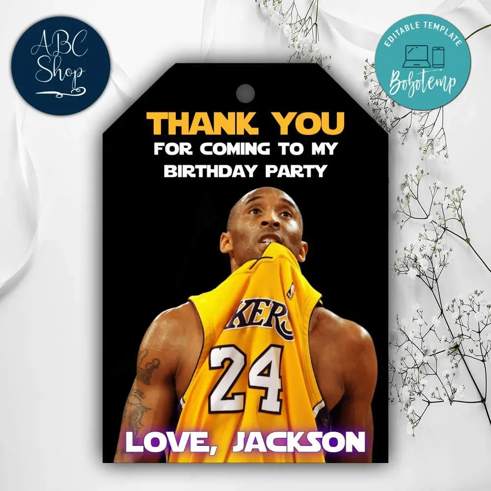 Printable Kobe Bryant Birthday Thank You Tags Instant Download | Bobotemp
