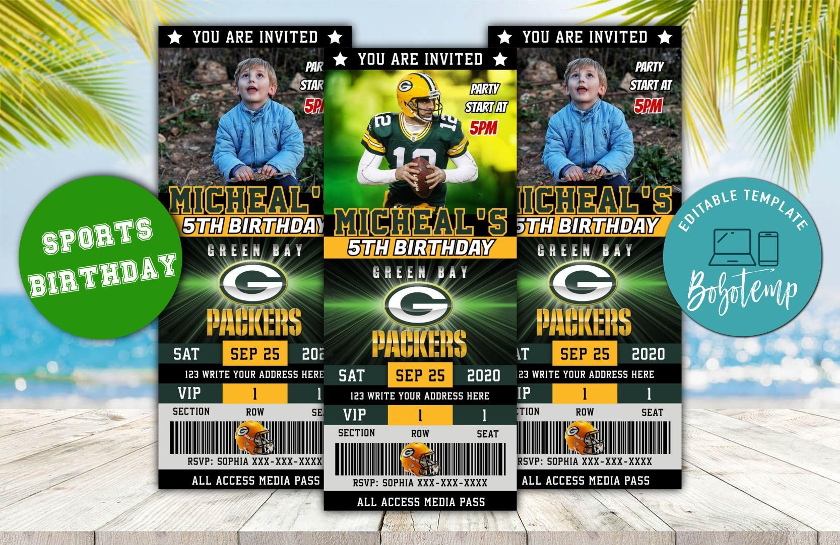 Editable Green Bay Packers Birthday Ticket Invitations DIY | Bobotemp