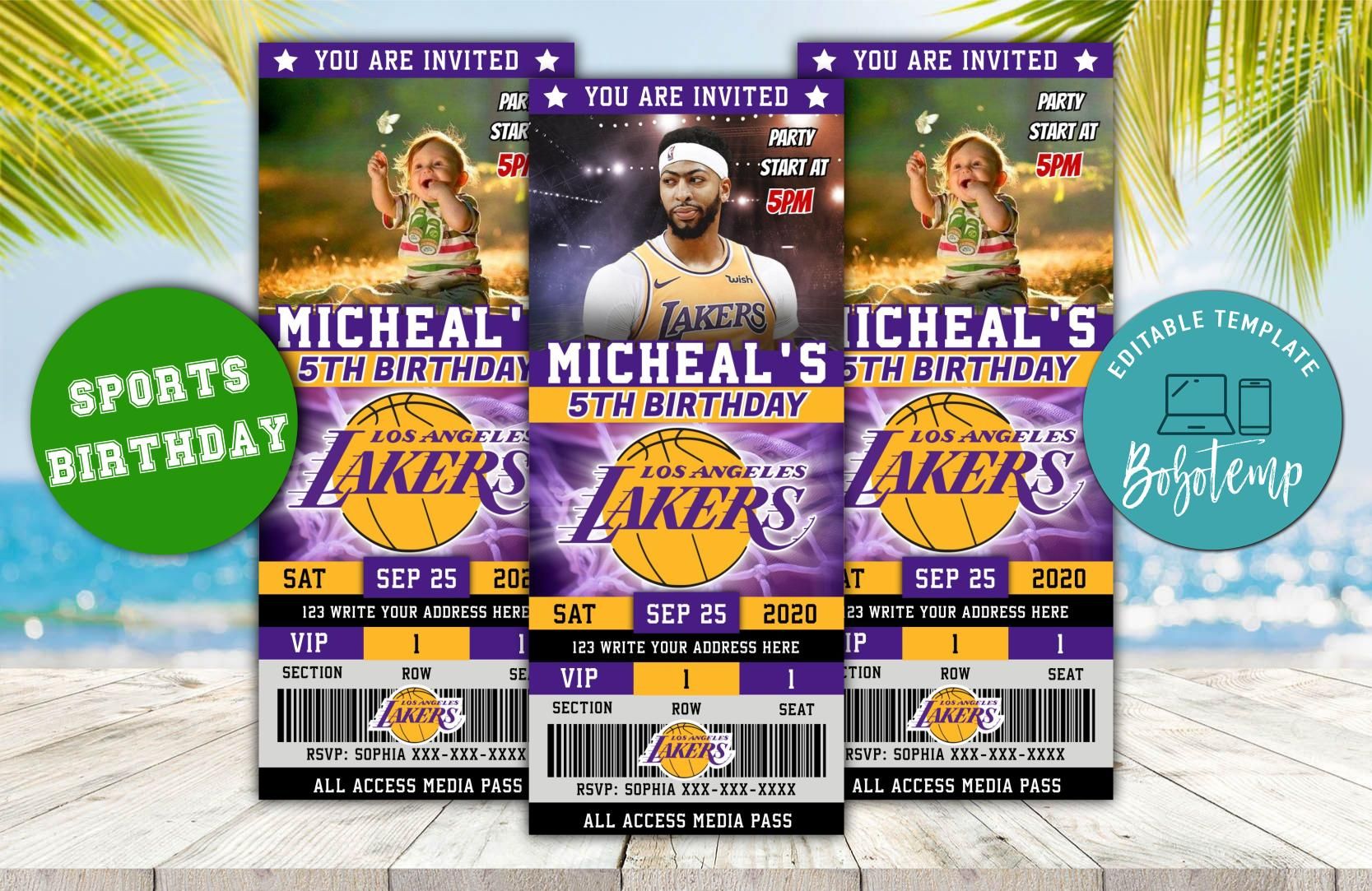 Editable Los Angeles Lakers Birthday Ticket Invitations DIY | Bobotemp
