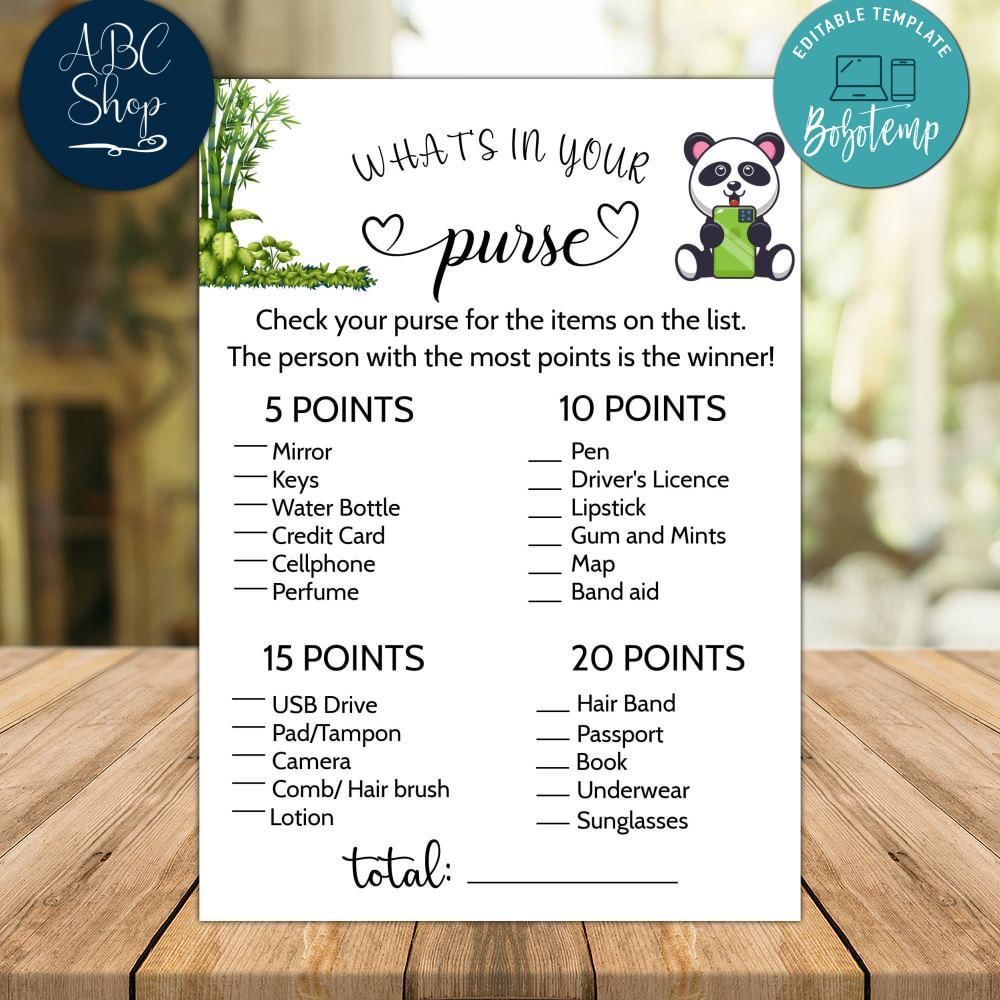 Panda Whats In Your Purse Baby Shower Game Instant Download | Bobotemp