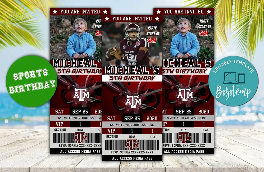 Editable Texas A&M Aggies Birthday Ticket Invitations DIY | Bobotemp