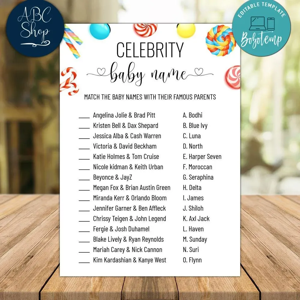 Cake Celebrity Baby Name Baby Shower Game Instant Download | Bobotemp