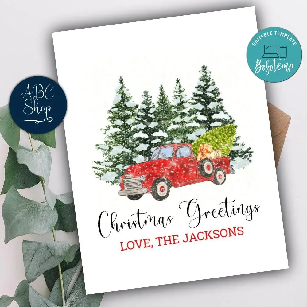 Printable Vintage Christmas Truck Tree Christmas Card DIY | Bobotemp