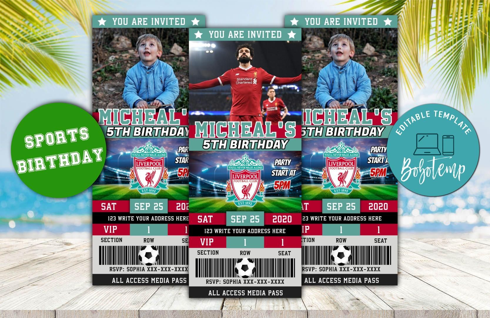 Editable Liverpool FC invitaciones de entradas de cumpleaños DIY | Bobotemp