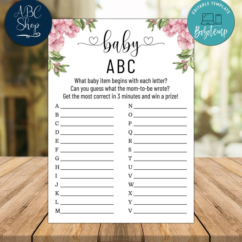 Floral Baby ABC Game Baby Shower Game Instant Download | Bobotemp