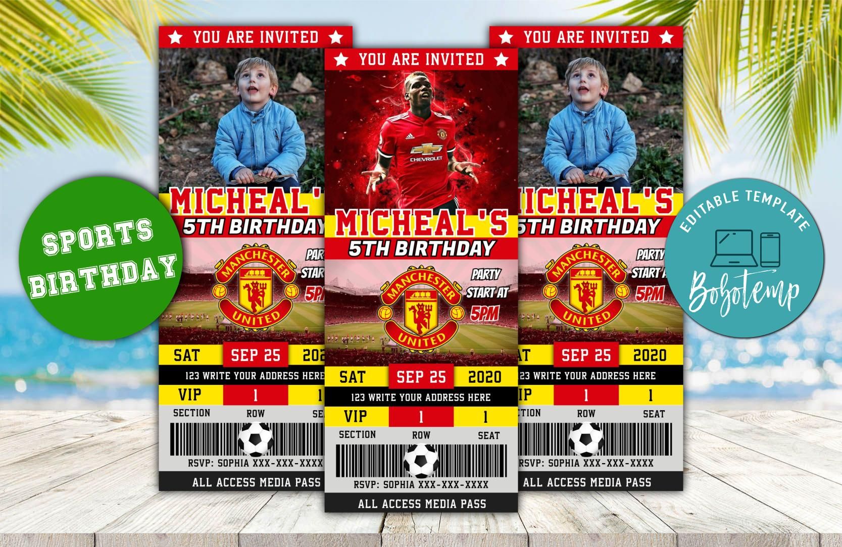 Editable Manchester United F.C invitaciones de entradas de cumpleaños ...
