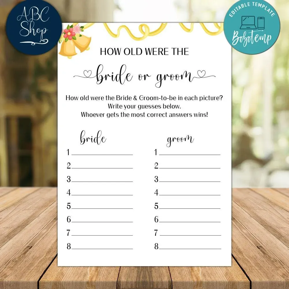 How old was the Bride and Groom Bridal Shower Game Digital Files | Bobotemp