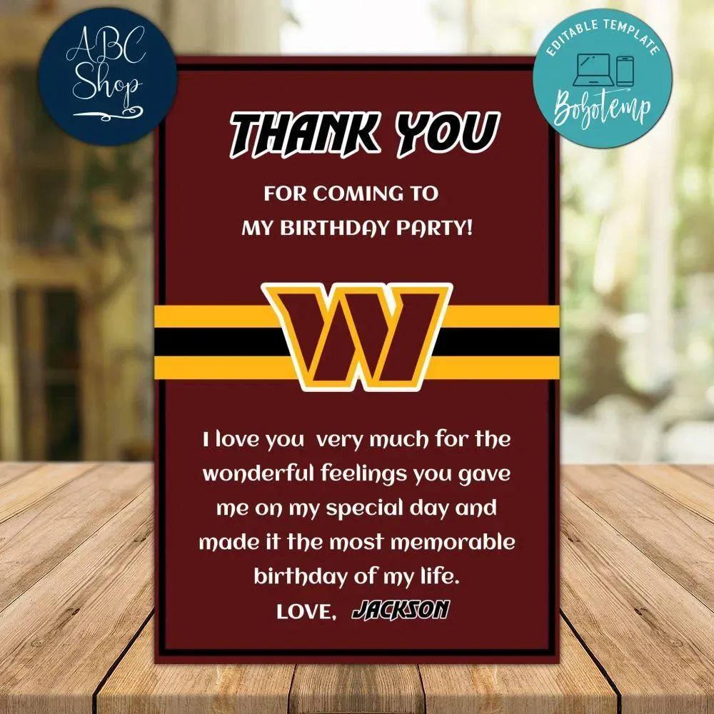 Washington Commanders Thank you card Template to Print at Home | Bobotemp