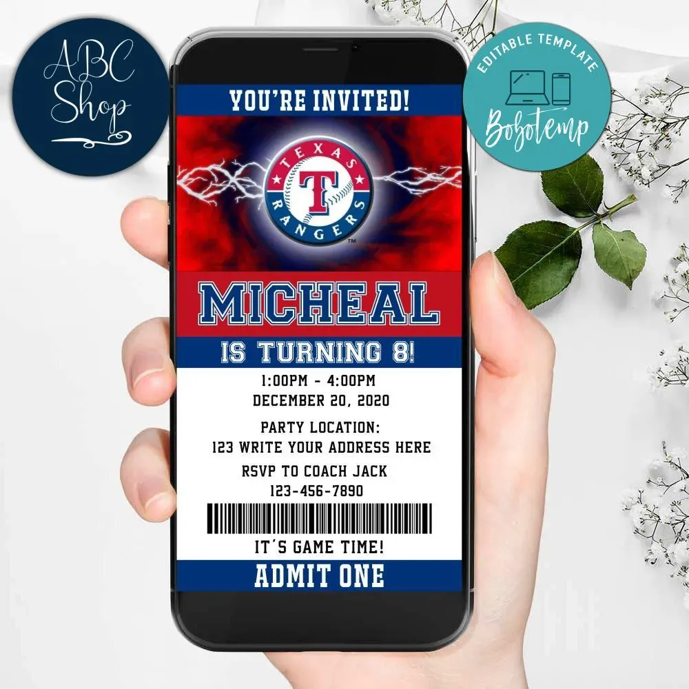 Electronic Texas Rangers Electronic Invite Birthday Invites Instant ...