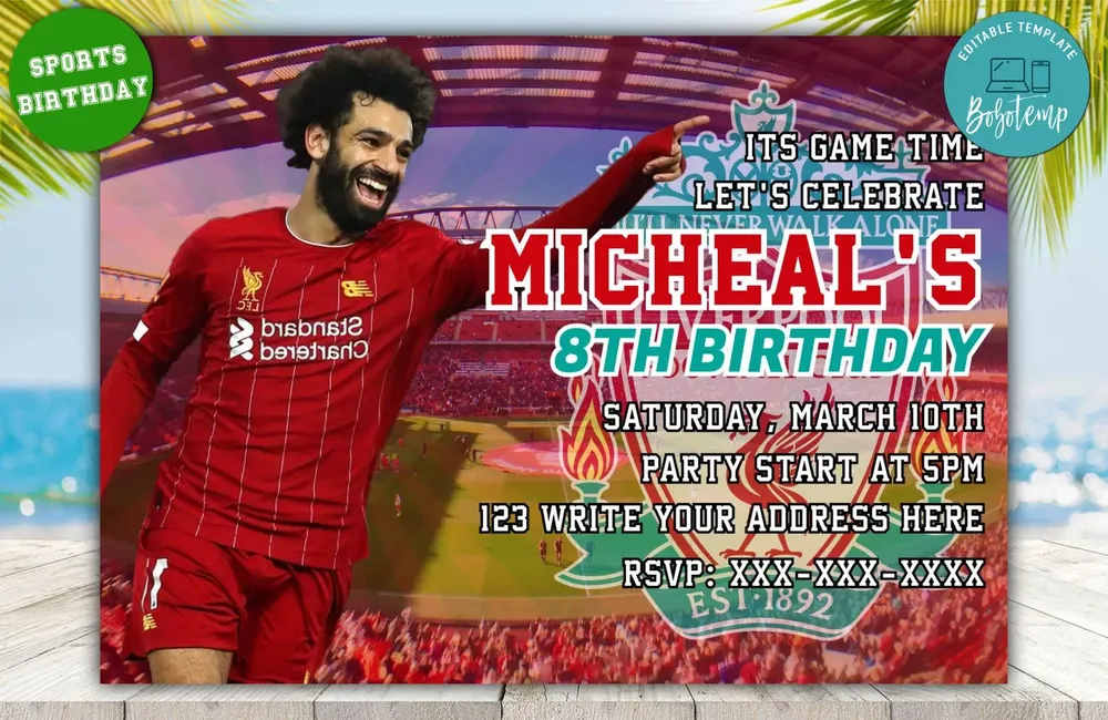 Editable Mohamed Salah Liverpool FC Birthday Invitations DIY | Bobotemp