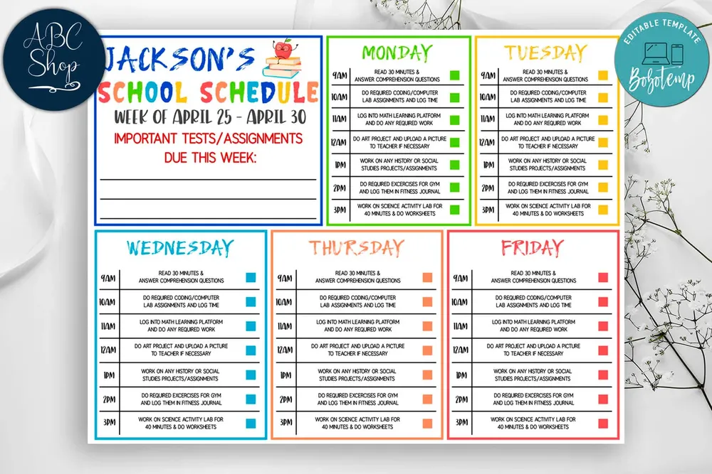 Editable Home School Schedule Daily Weekly Subject Checklist DIY | Bobotemp