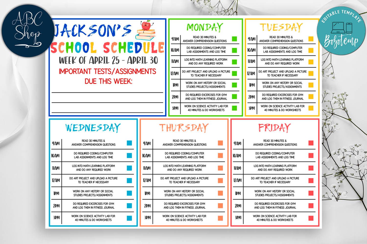 Editable Home School Schedule Daily Weekly Subject Checklist DIY | Bobotemp