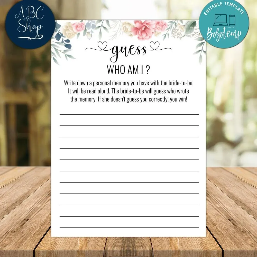 Guess Who Am I Bridal Shower Game Digital Files | Bobotemp