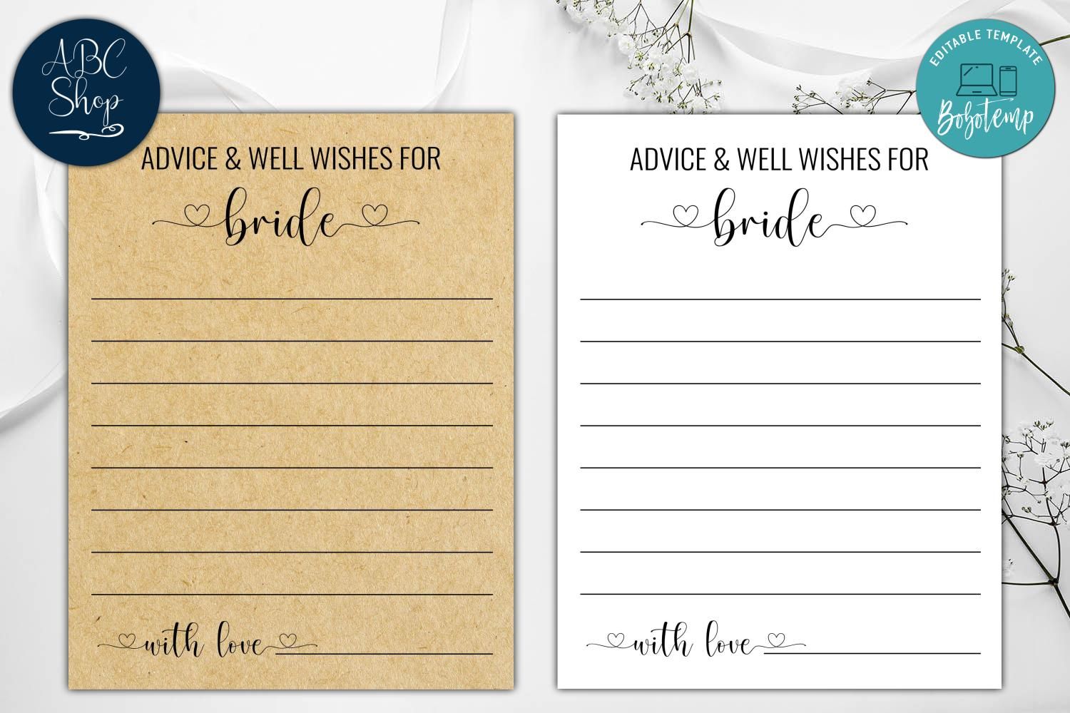 Printable Advice & Well Wishes For Bride Bridal Shower Game DIY | Bobotemp
