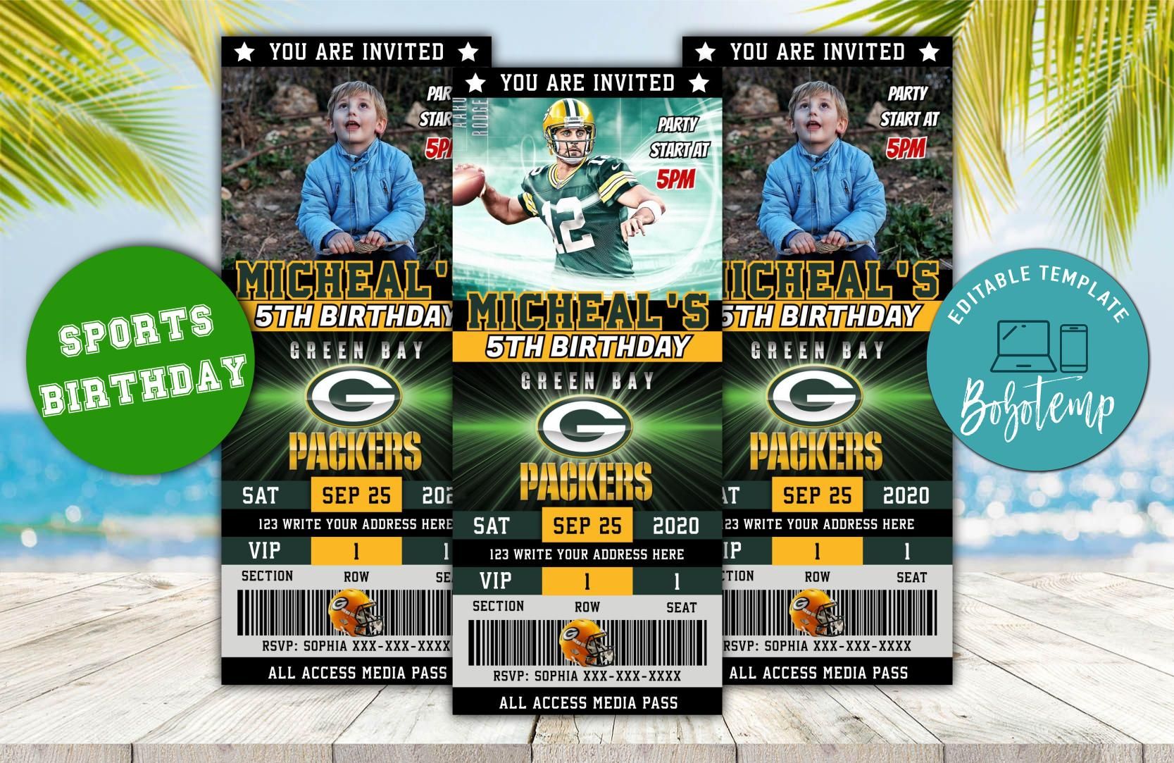 Editable Green Bay Packers Birthday Ticket Invitations DIY | Bobotemp