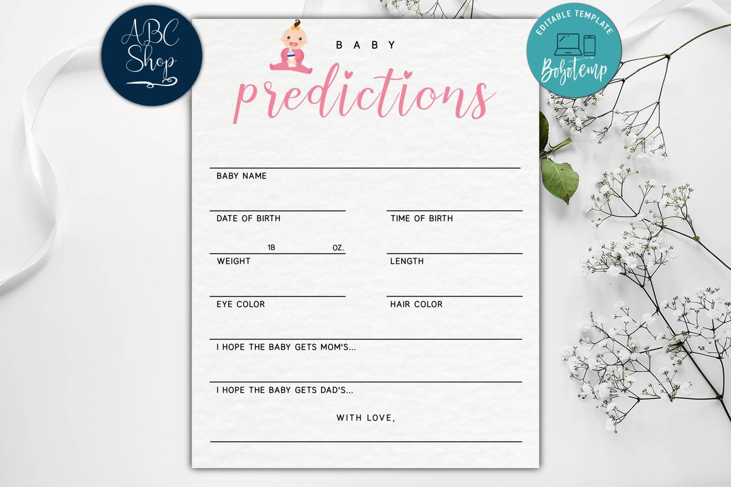 Editable Baby Predictions Baby Girl Baby Shower Cards DIY | Bobotemp