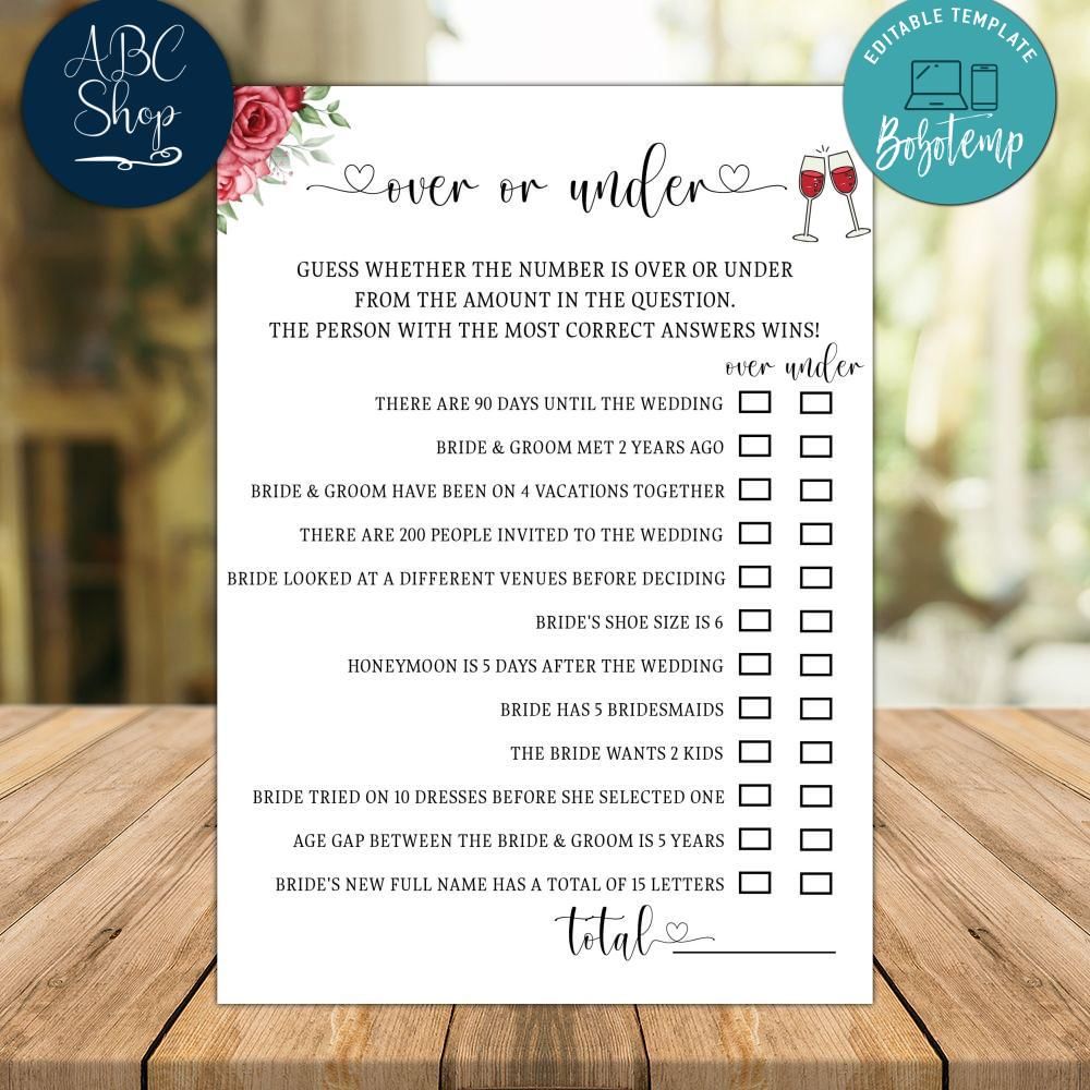 Over or Under Bridal Shower Game Instant Download | Bobotemp