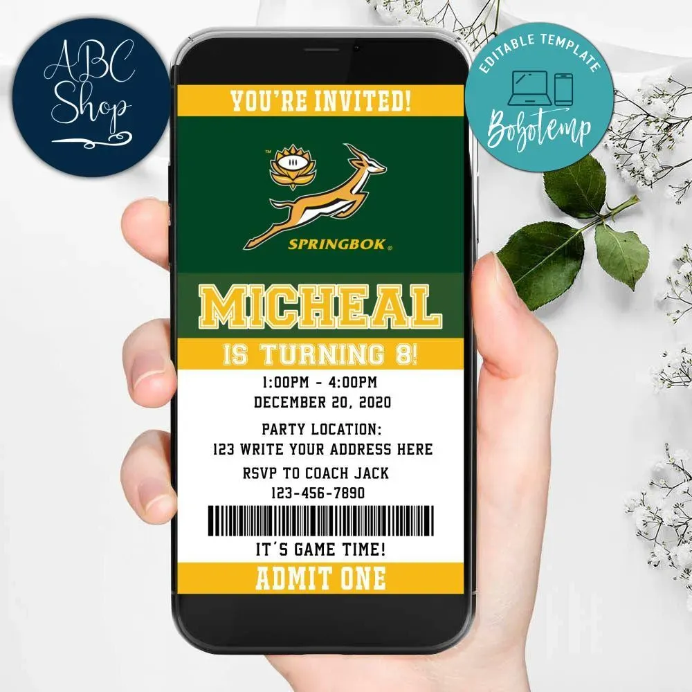 Springbok rugby Mobile Invite Customizable Template DIY | Bobotemp