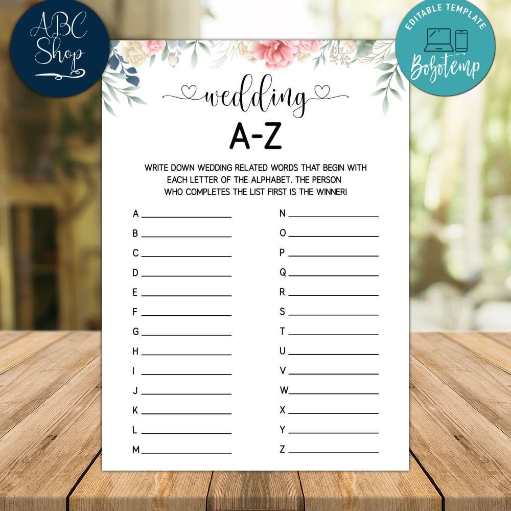 Rustic Bridal Alphabet Wedding A To Z Bridal Shower Game DIY | Bobotemp