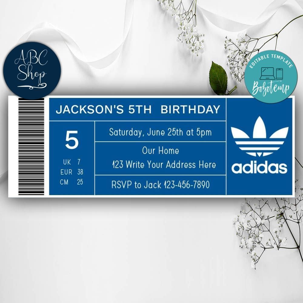 Printable Adidas Shoe Box Label Birthday Ticket Invitations DIY | Bobotemp