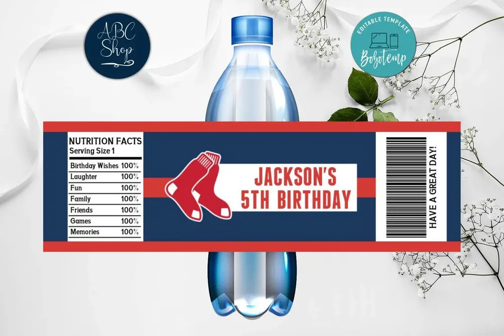 Printable Boston Red Sox Water Bottle Labels Instant Download | Bobotemp