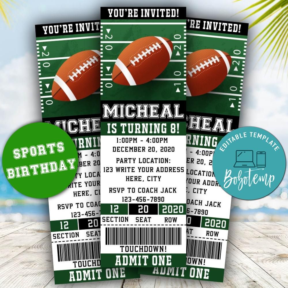 Football Ticket Birthday Editable Templates Instant Download Bobotemp