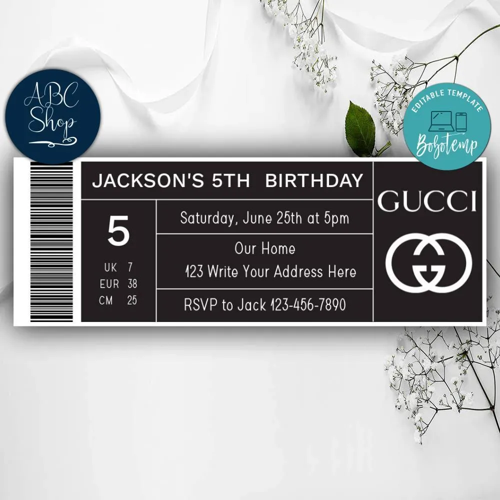 Printable Gucci Shoe Box Label Birthday Ticket Invitations DIY | Bobotemp