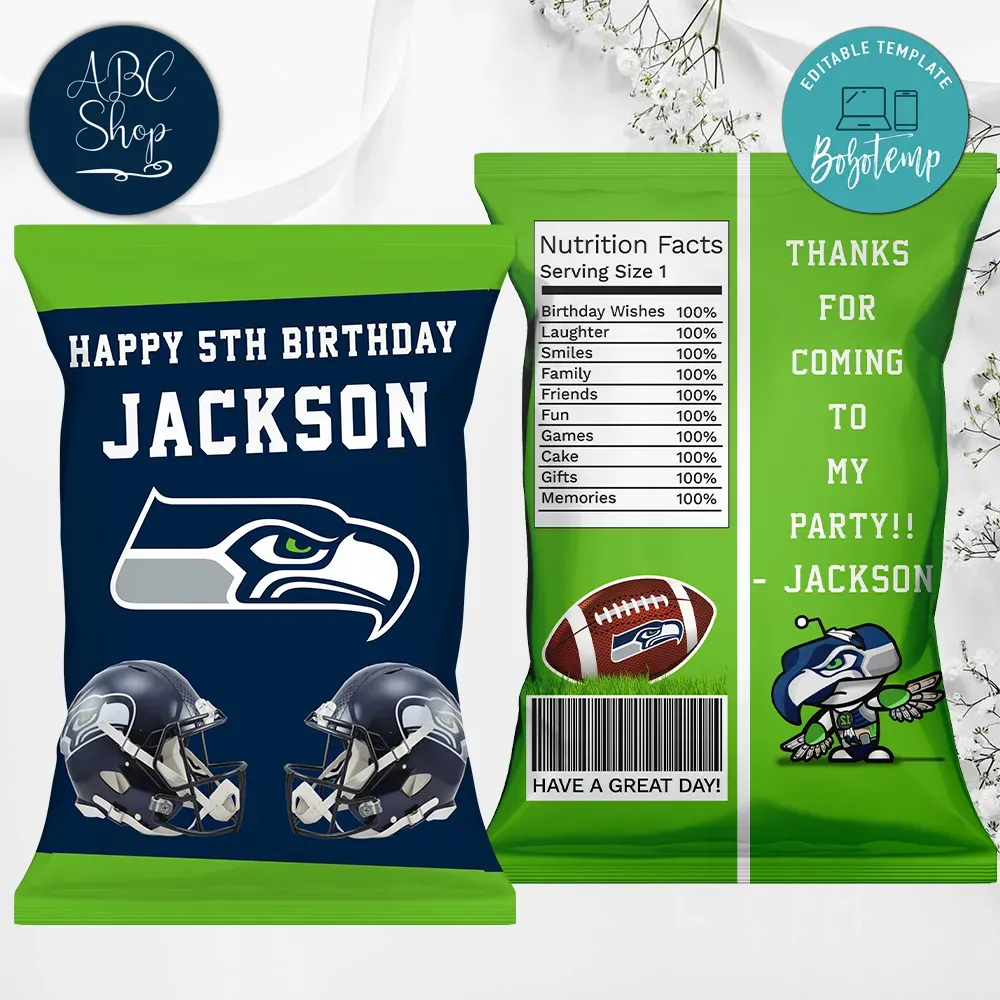 Printable Seattle Seahawks Birthday Chip Bags Instant Download | Bobotemp