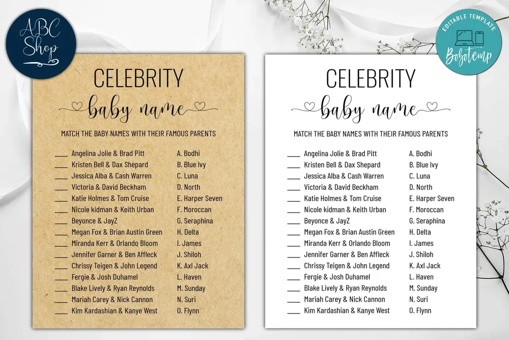 Printable Celebrity Baby Name Baby Shower Game Instant Download | Bobotemp