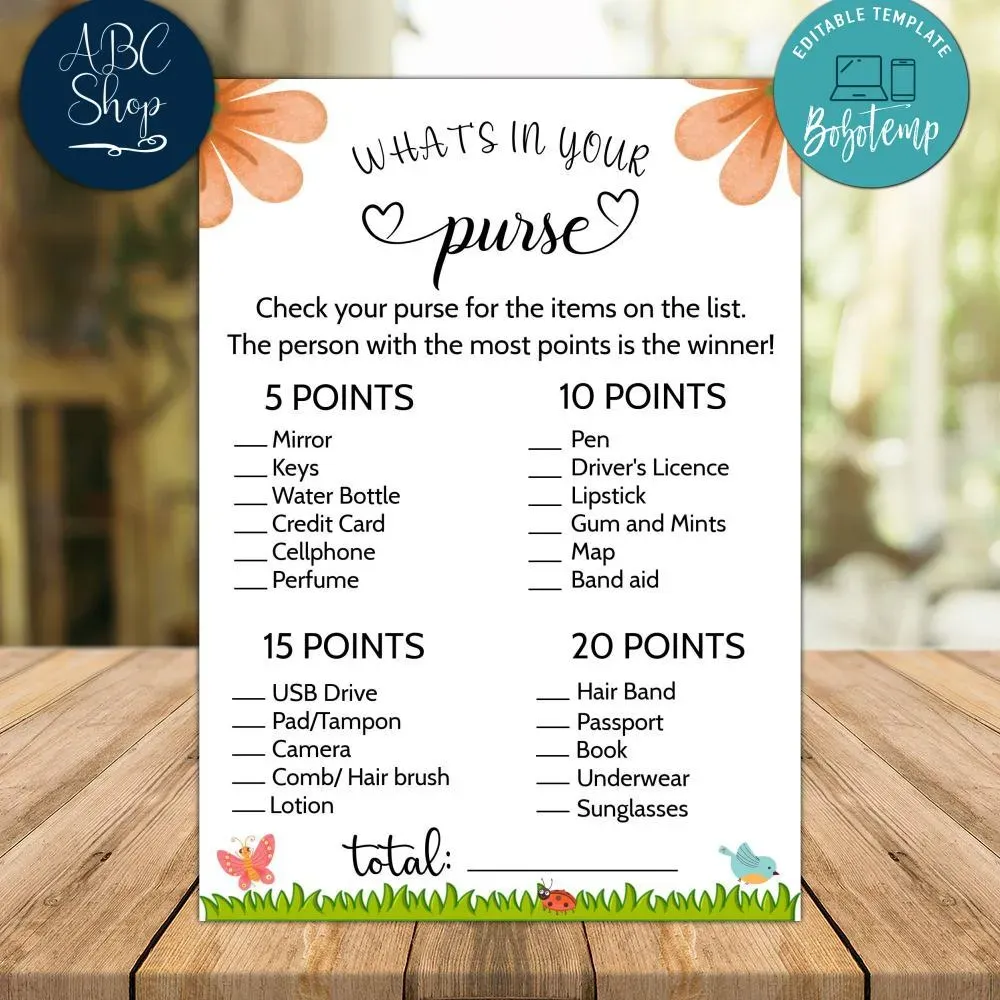 Garden Flowers Whats In Your Purse Baby Shower Game DIY | Bobotemp